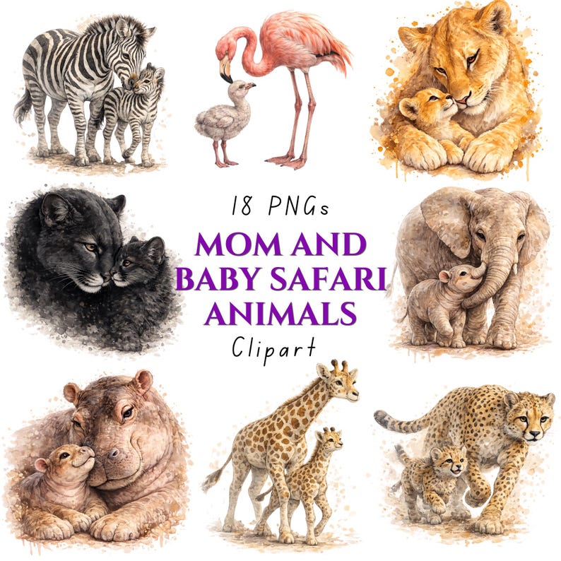 African Animals Clipart Bundle, Mom and Baby Safari Animals PNG ...