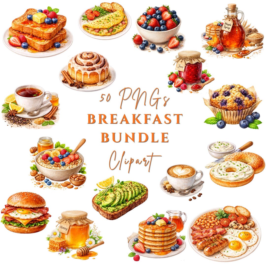 Breakfast Clipart Bundle PNG, 50 Food Elements, Coffee Tea Pancakes ...