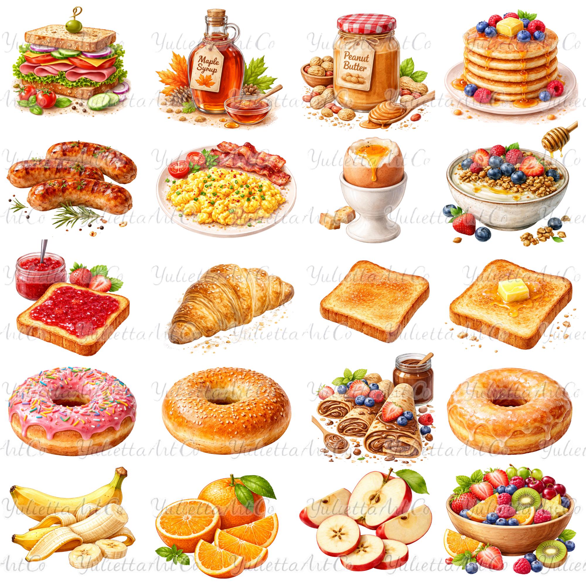 Breakfast Clipart Bundle PNG, 50 Food Elements, Coffee Tea Pancakes ...