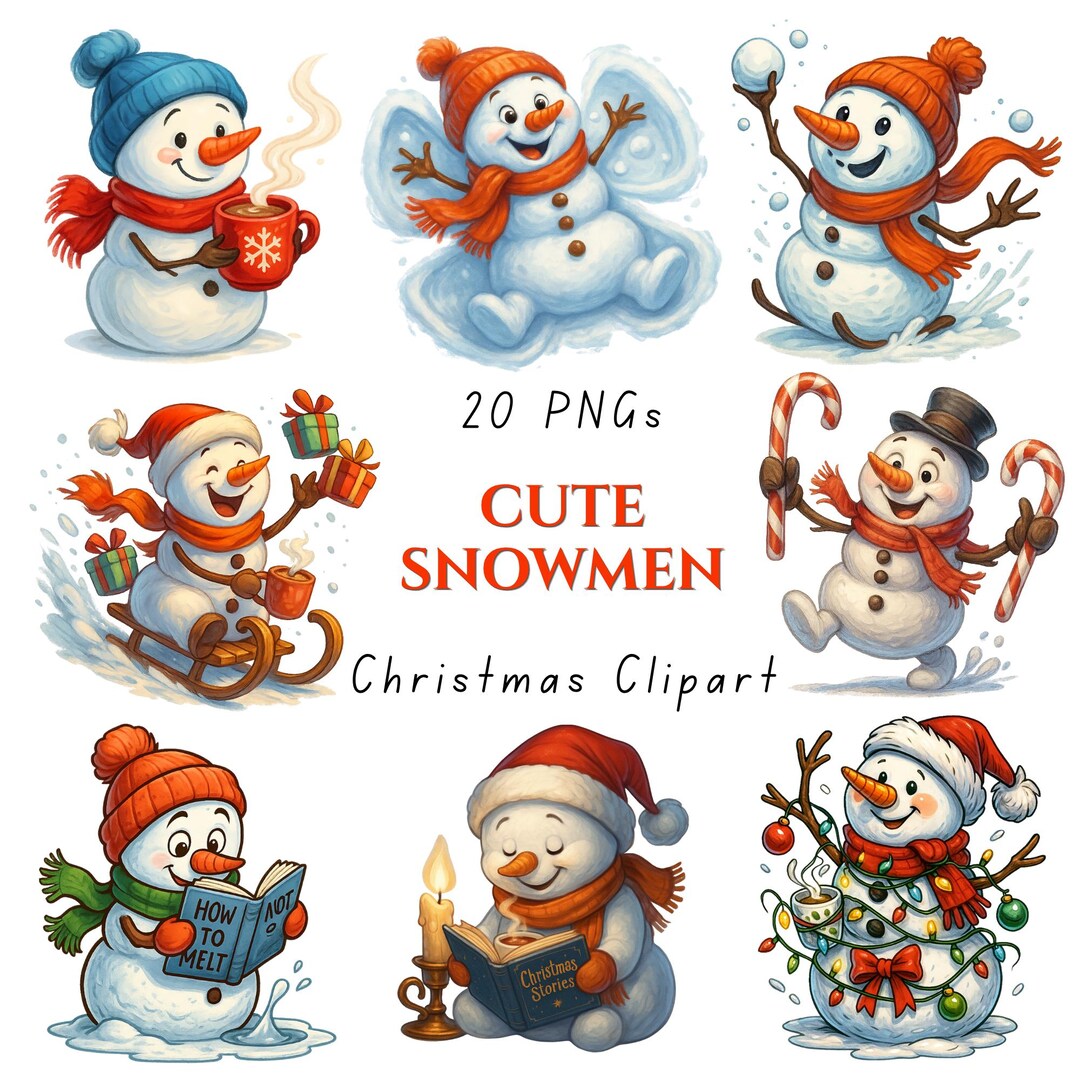 Cute Snowman Clipart Bundle | 20 PNG | Funny Christmas Snowmen ...