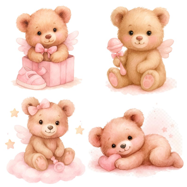 Teddy Bear Baby Girl Clipart Bundle | 20 PNG Watercolor Illustrations ...