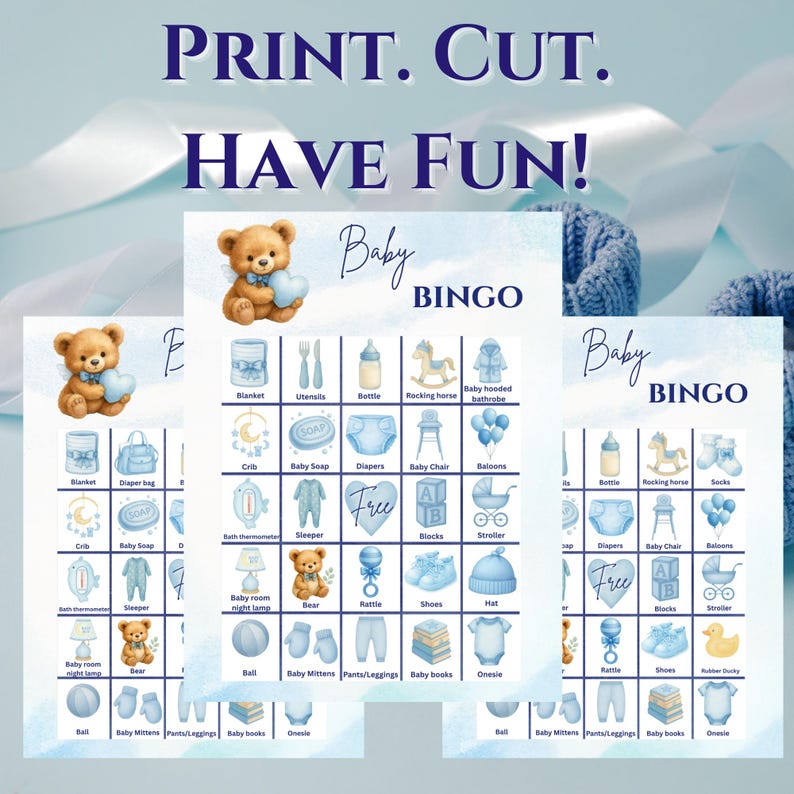 Baby Boy Bingo Game Printable | 30 Pre-filled Cards | Blue Watercolor ...