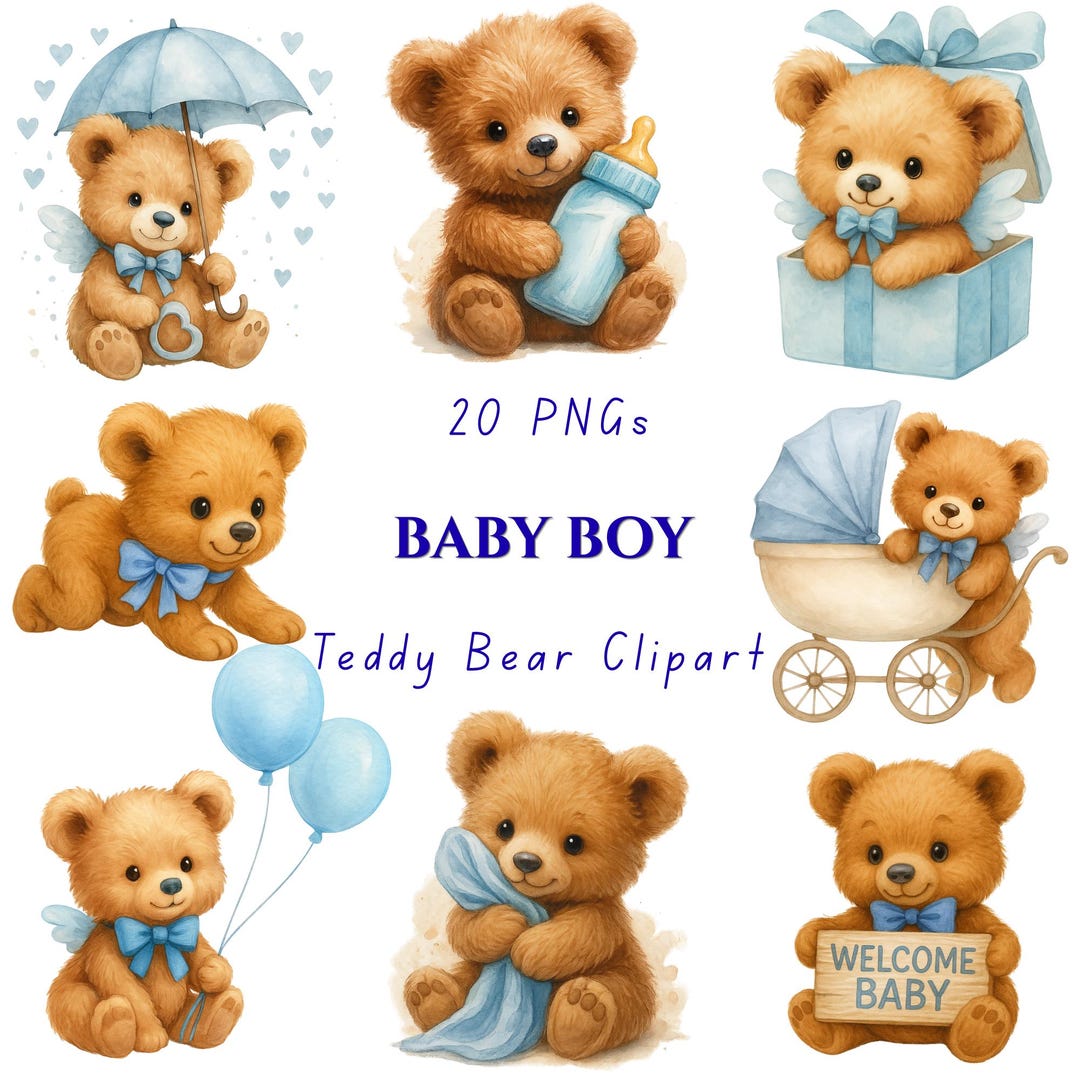 Teddy Bear Baby Boy Clipart Bundle | 20 PNG Watercolor Illustrations ...