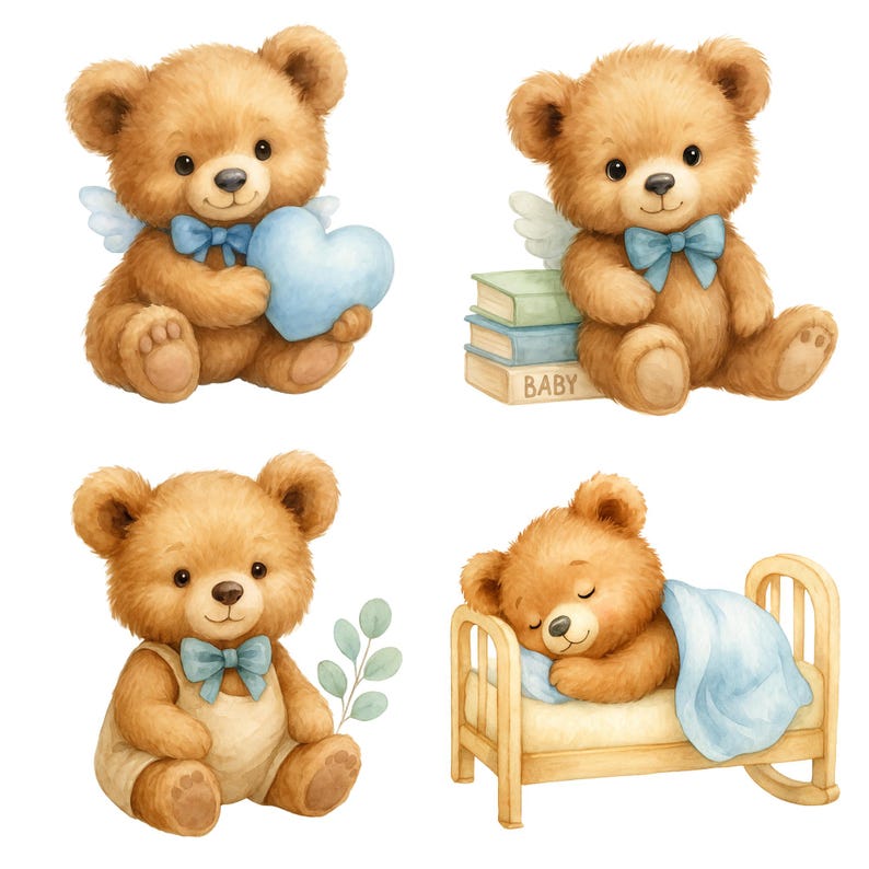 Teddy Bear Baby Boy Clipart Bundle | 20 PNG Watercolor Illustrations ...