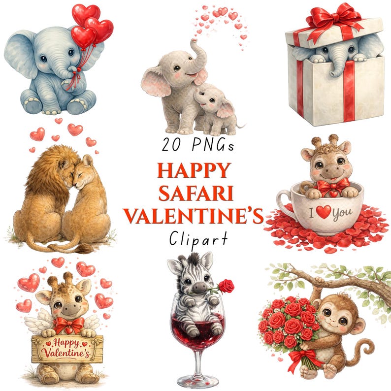Happy Safari Valentines Clip Art | Cute Safari Animals Valentine PNG ...