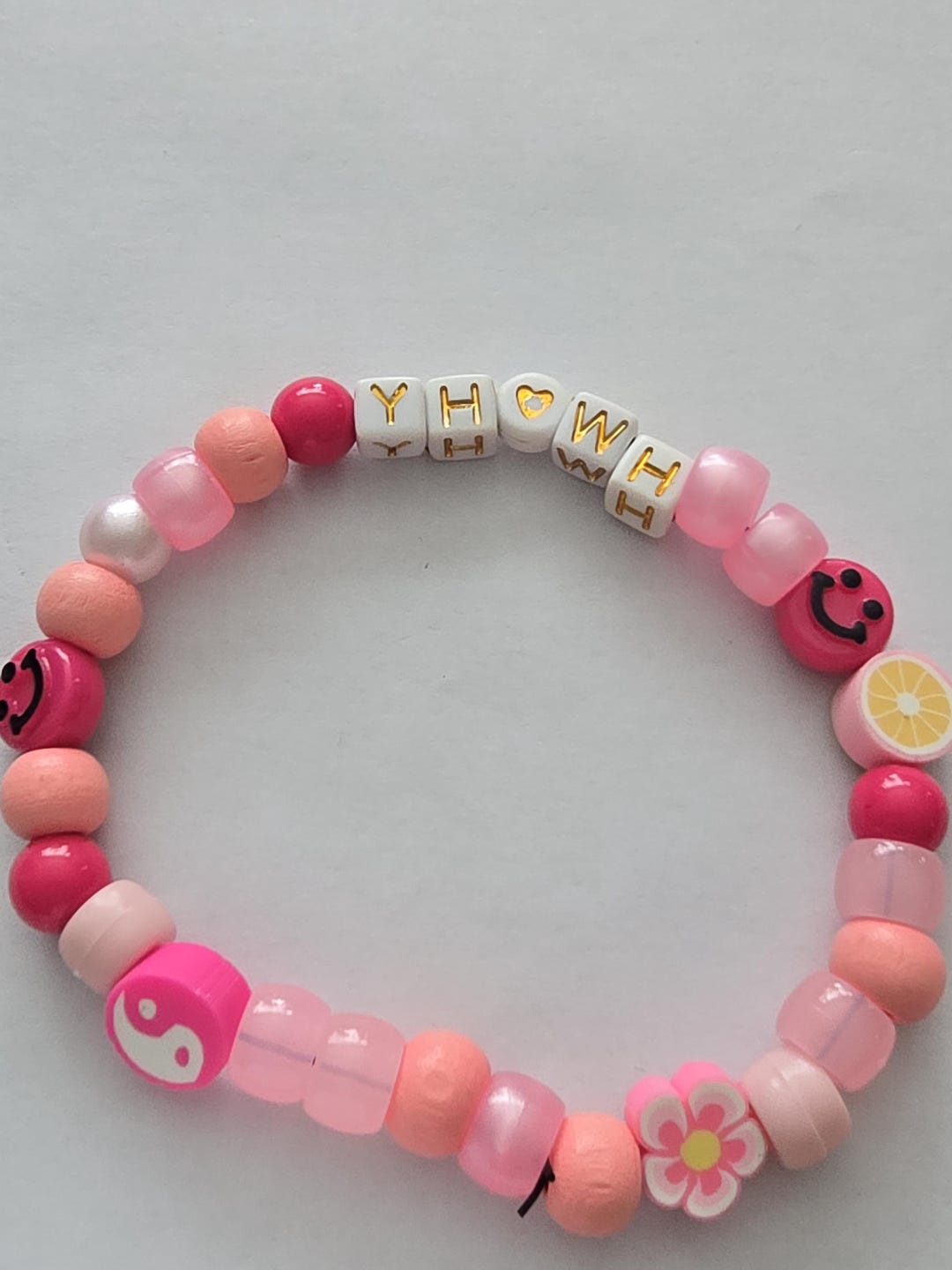 Pink Beaded Bracelet With YHWH Letter Beads, Smiley Faces & Cute Charms ...