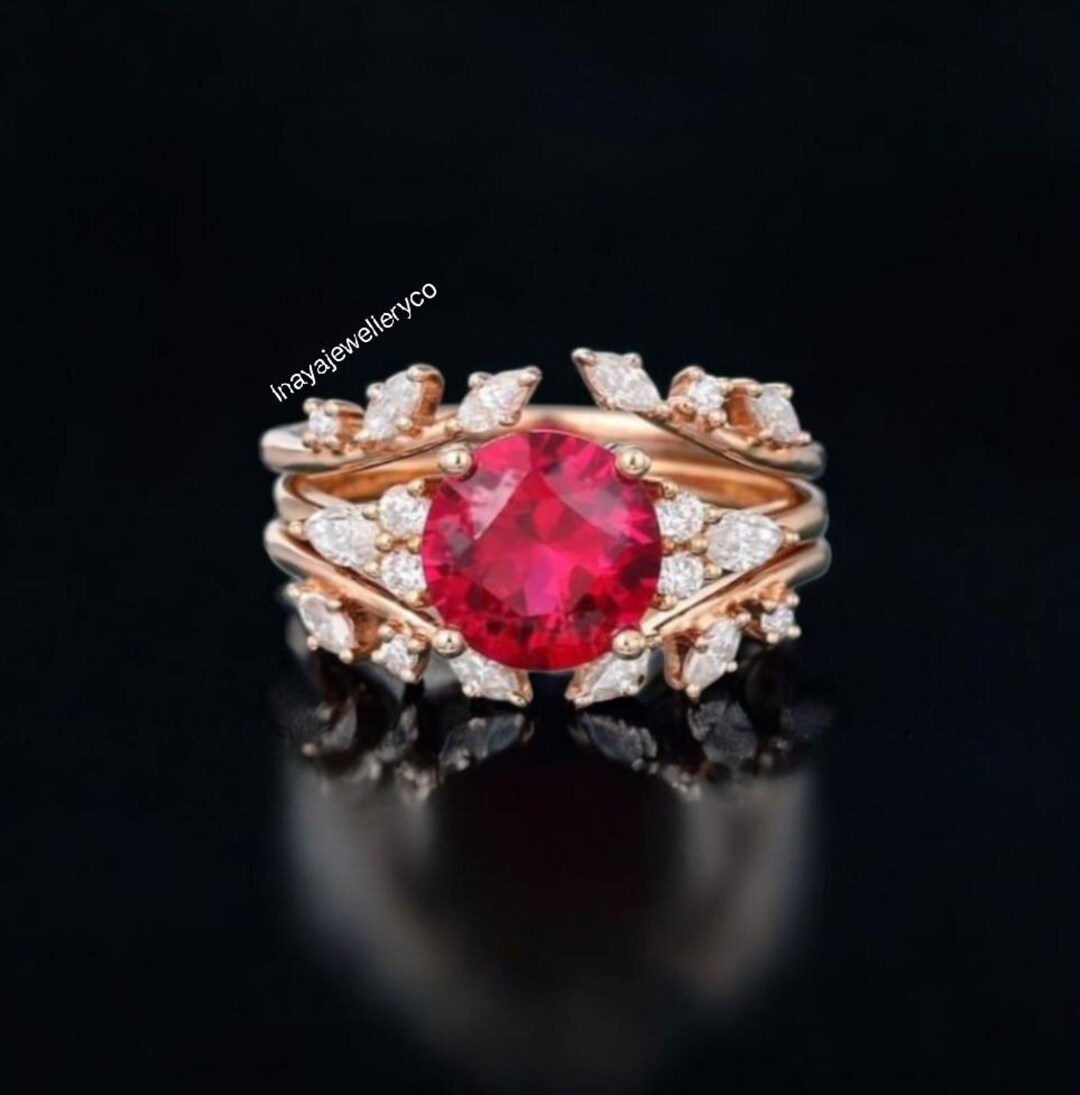 Vintage Lab Ruby Engagement Ring Set Unique Rose Gold Engagement Ring ...