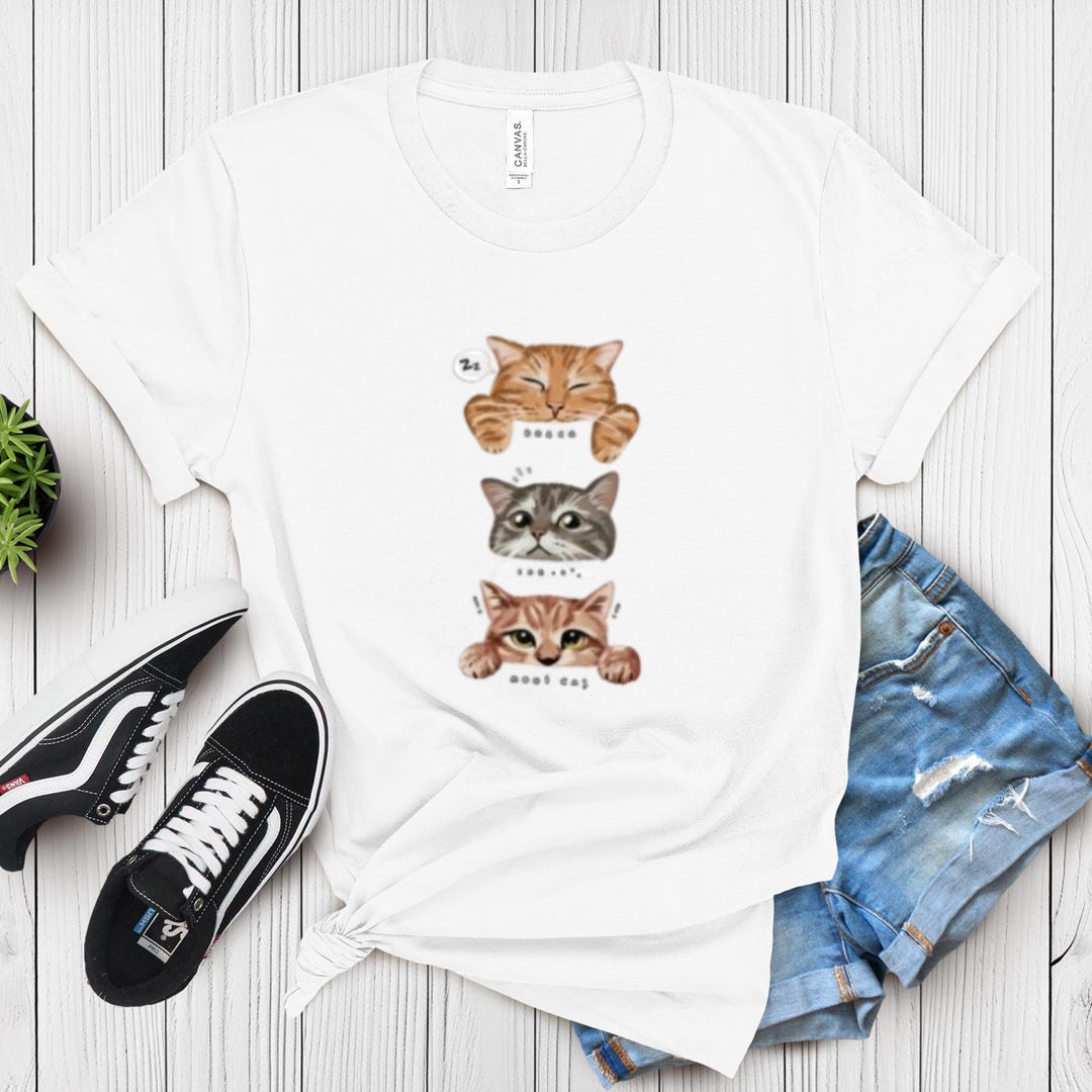 Three Mood Cats White Shirt Sleeping Hungry Alert Feline Youth Graphic ...