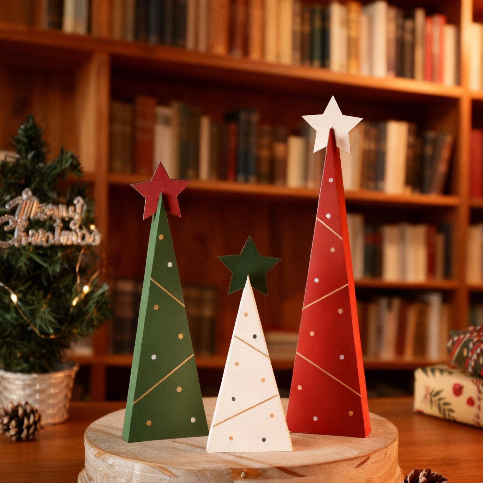 Christmas Themed Solid Wood Tree Set, Handcrafted Geometric Decor ...