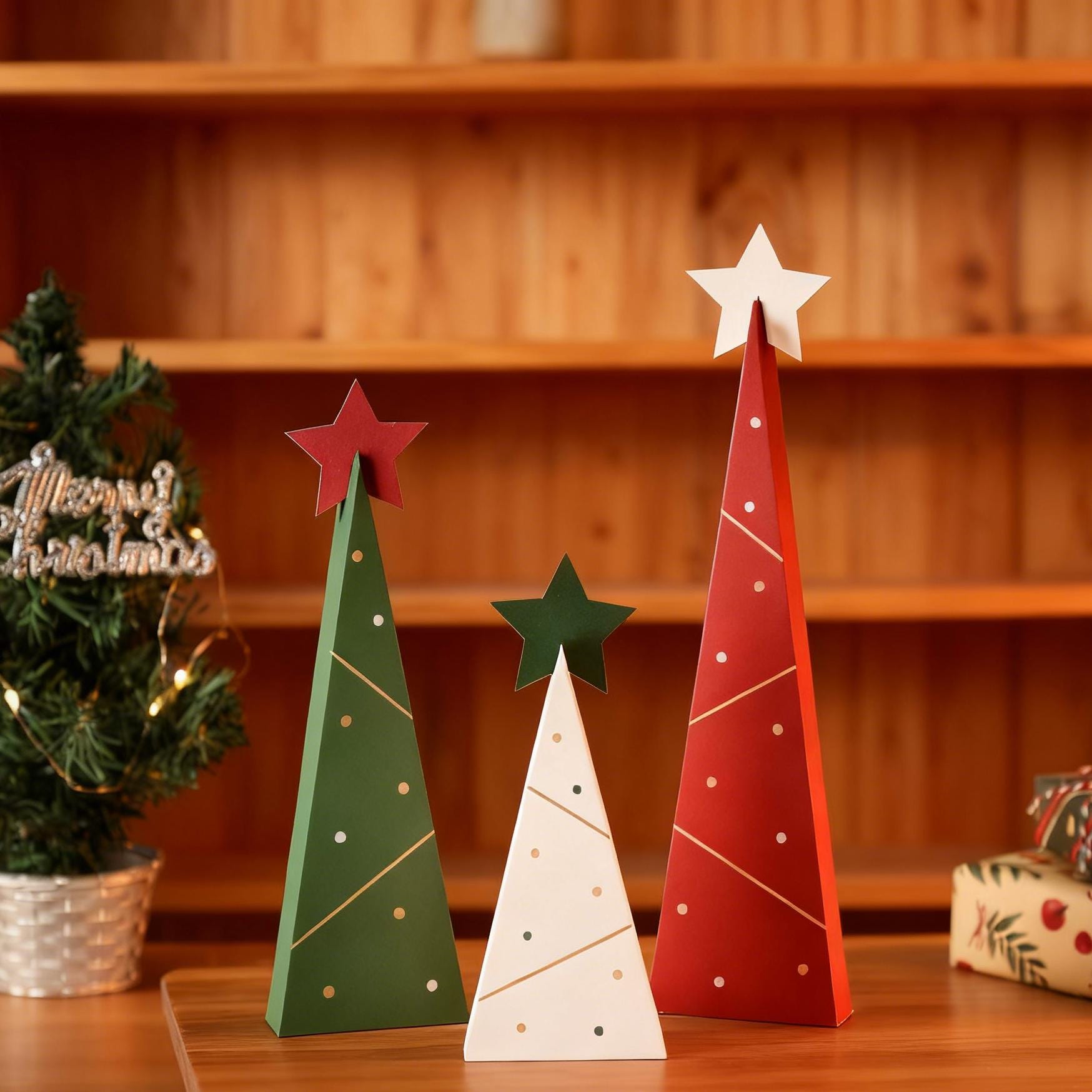 Christmas Themed Solid Wood Tree Set, Handcrafted Geometric Decor ...