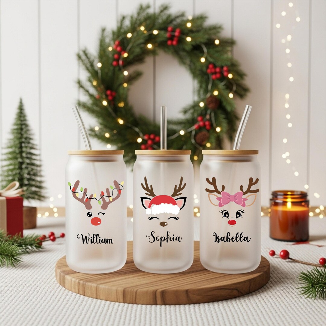 Personalized Christmas Glass Cup, Reindeer Glass and Frosted Tumbler ...