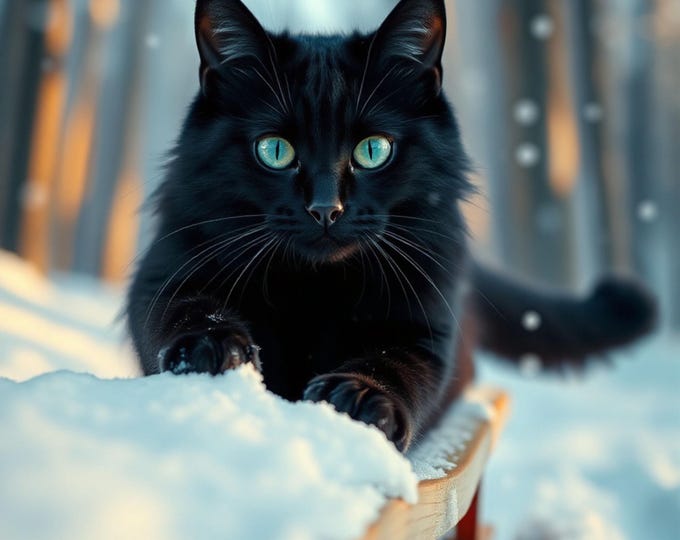 Black Cat Winter Poster | Snowy Forest, Turquoise Eyes (digital ...