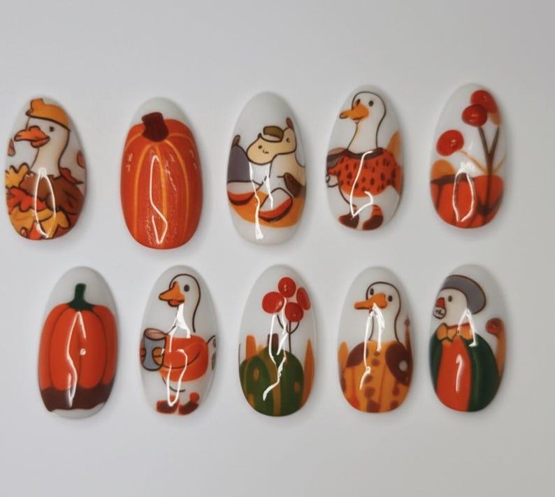 Handmade Autumn Duck Press on Nails: Pumpkin Goose Nail Art - Etsy