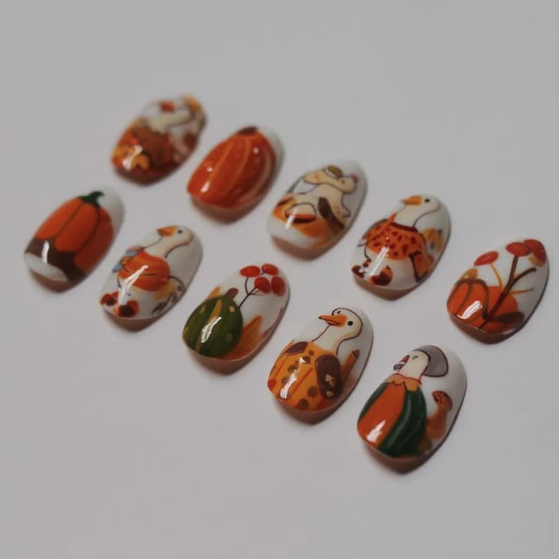 Handmade Autumn Duck Press on Nails: Pumpkin Goose Nail Art - Etsy