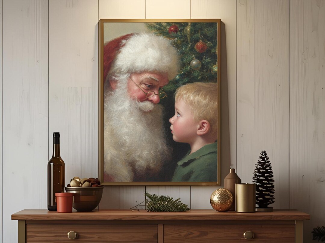 Vintage Christmas Portrait — Santa Claus & Wide-eyed Child, Old-world ...