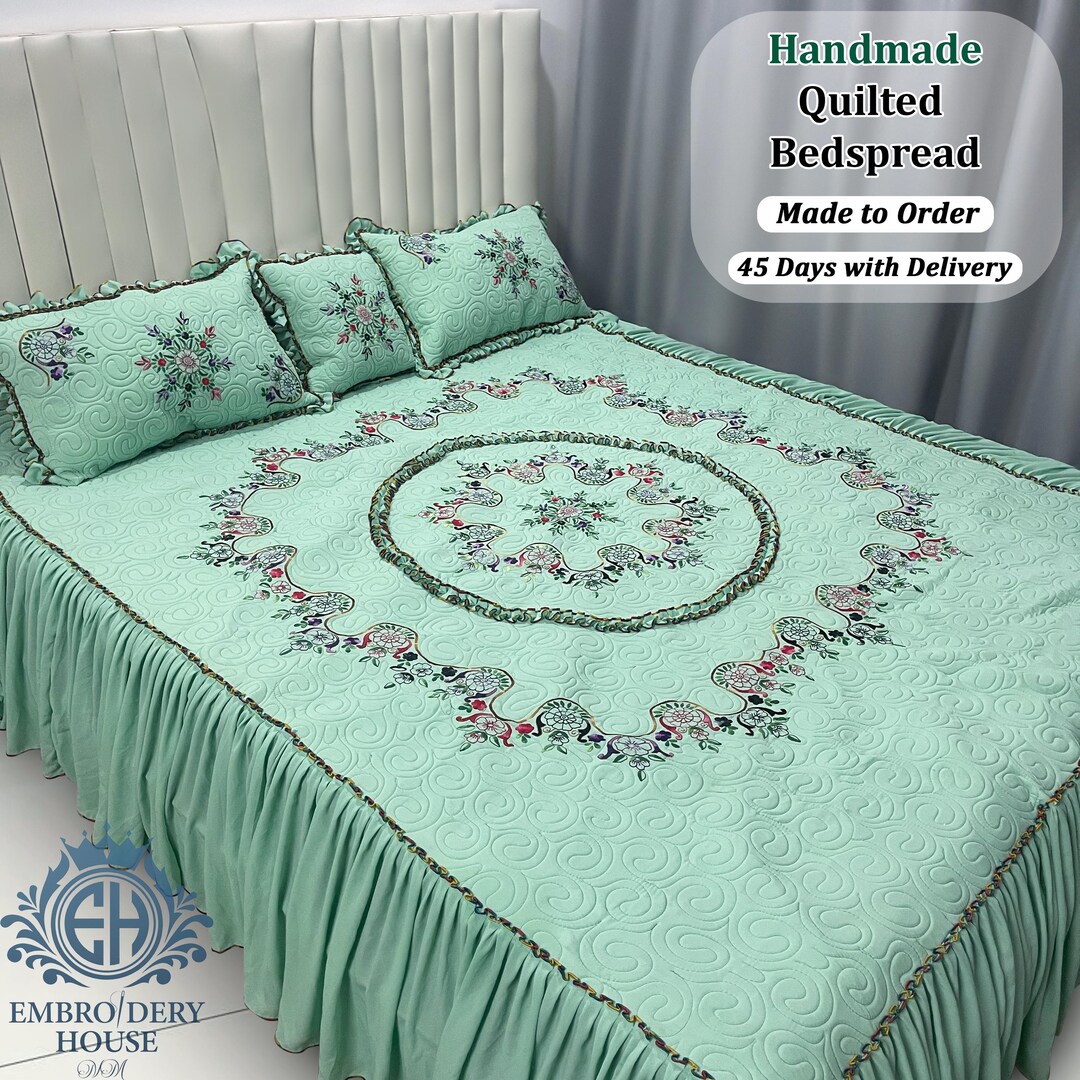 Handcrafted Floral Embroidery Bedspread, Handmade Embroidered Bedding ...