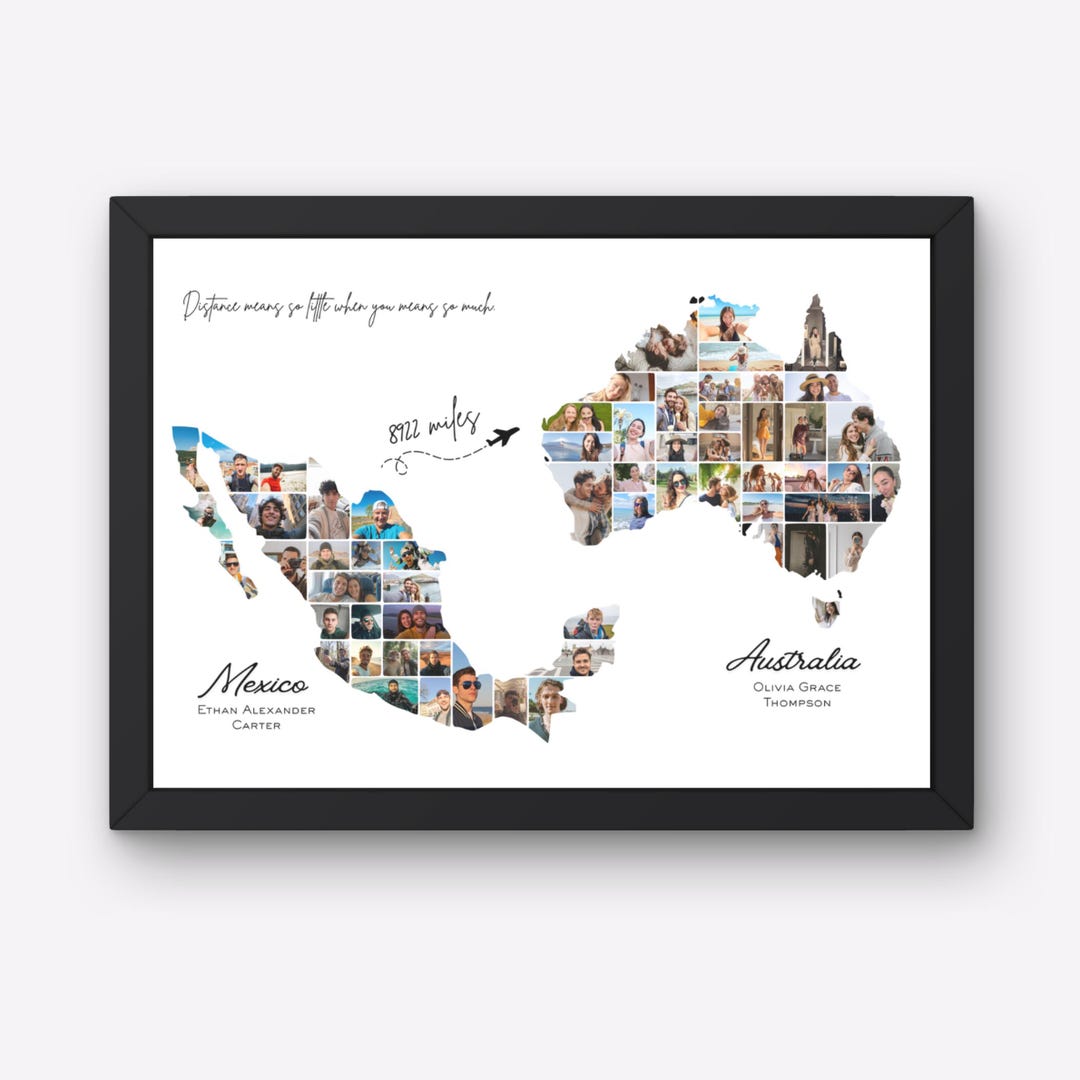 Custom Long Distance Map Photo Collage for Couples Friends and Family ...