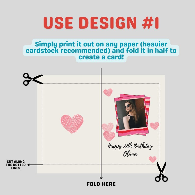 Editable Pink Hearts Photo Card Template, Birthday Greeting Card ...