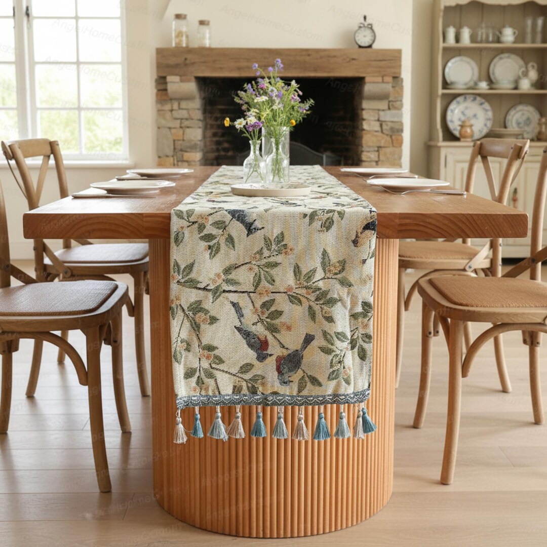 Botanical Birds Tapestry Table Runner – Woven Jacquard Textile - Etsy