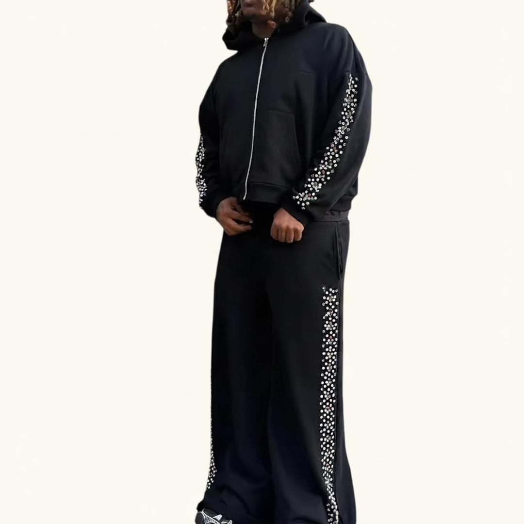 Men’s Black Rhinestone Tracksuit – Luxury Hoodie & Wide-leg Joggers - Etsy
