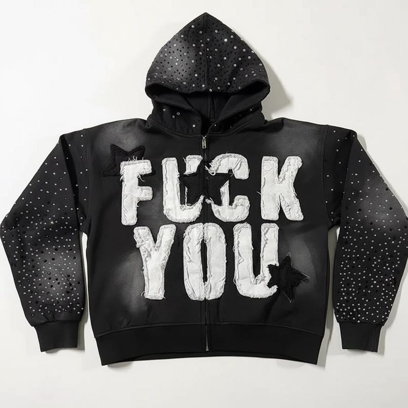 Bold Statement Black Hoodie – Distressed Lettering & Rhinestone Sleeves ...