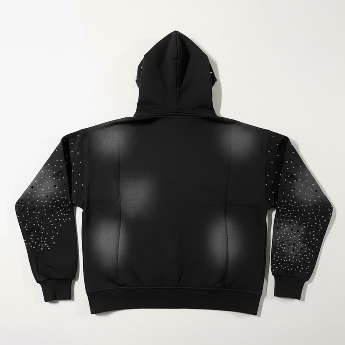 Bold Statement Black Hoodie – Distressed Lettering & Rhinestone Sleeves ...