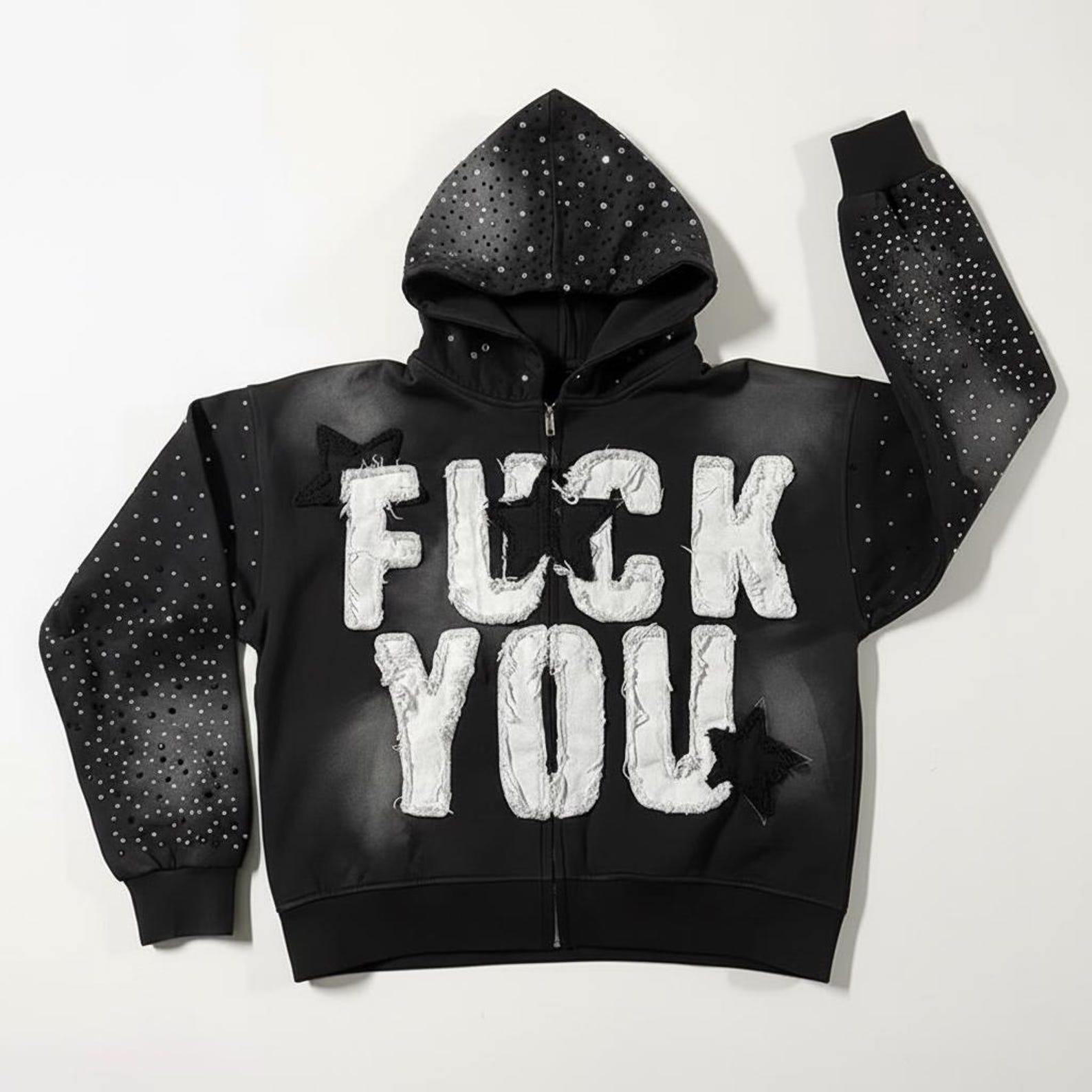 Bold Statement Black Hoodie – Distressed Lettering & Rhinestone Sleeves ...