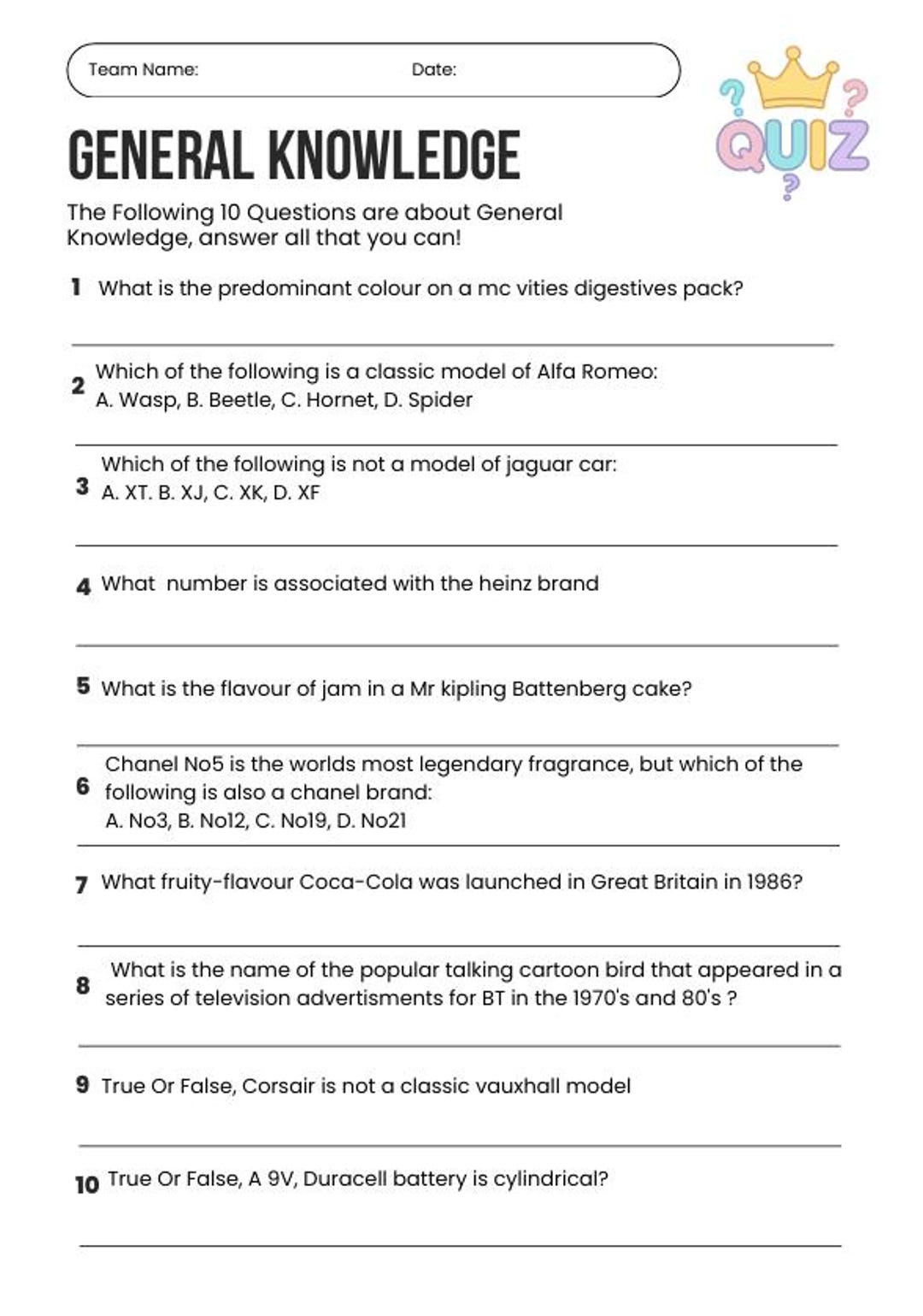 Printable Trivia Quiz: General Knowledge, Celebrities, Music (PDF) - Etsy
