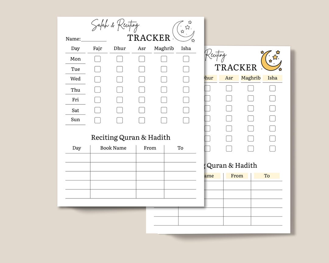 Salah Prayer Tracker With Quran Recitation Log and Hadith Reading Chart ...