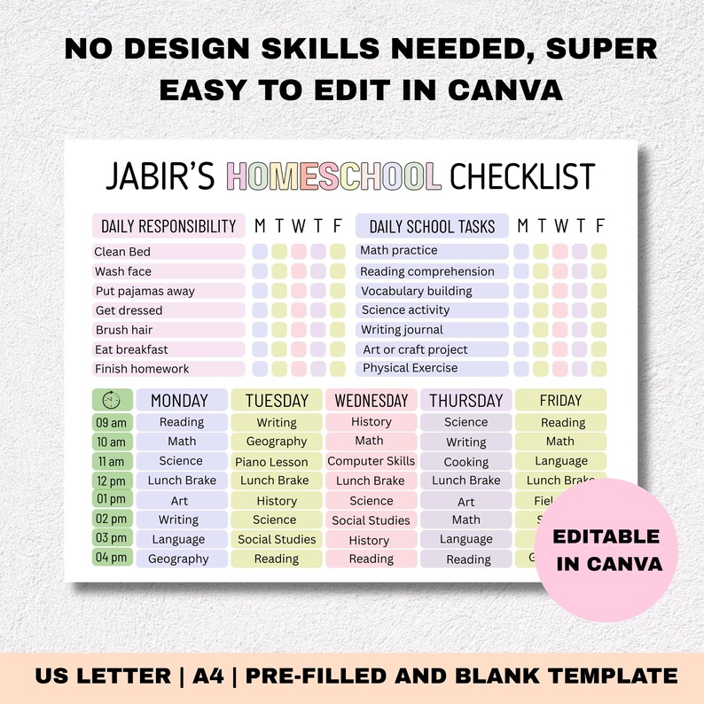 Editable Homeschool Checklist Template, Printable Homeschool Daily ...