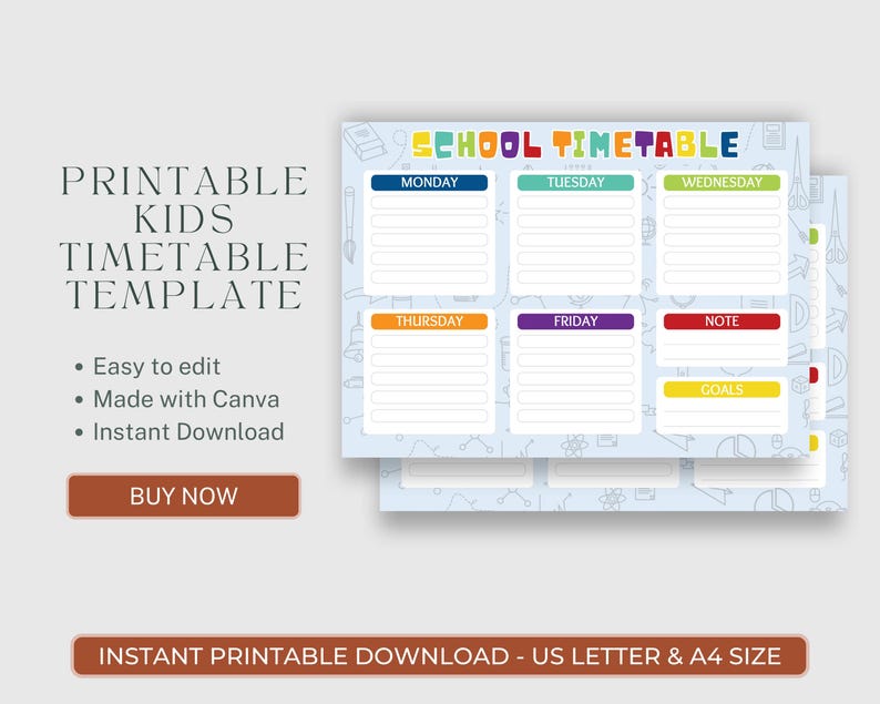 Editable Kids School Timetable Printable | Weekly Class Schedule (PDF ...