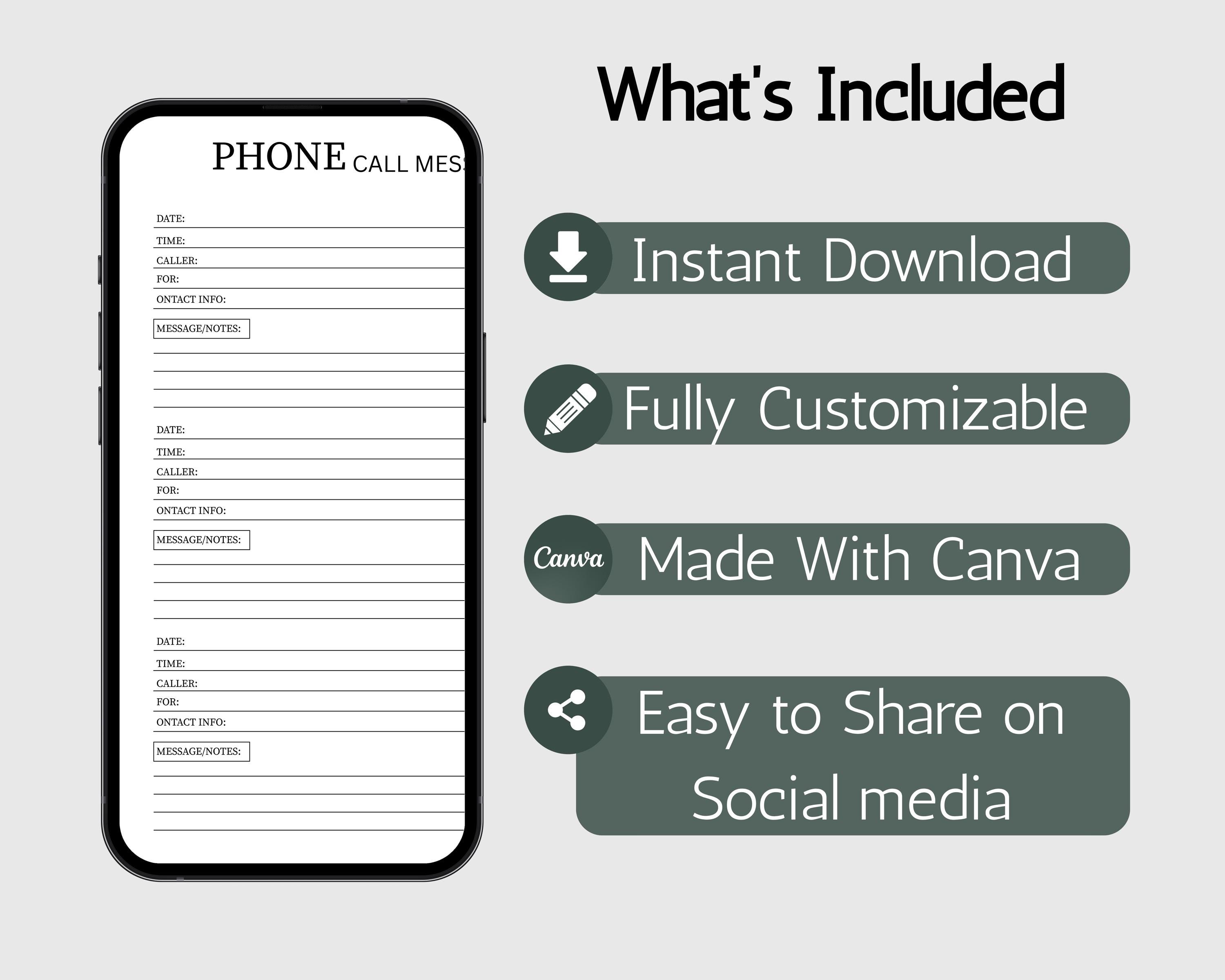 Phone Call Message Log Printable Canva Template A4 US Letter Office ...