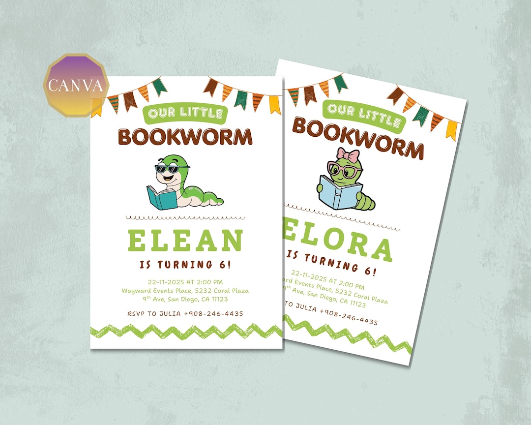 Bookworm Invitation Printable | Kids Reading Party Library Theme ...