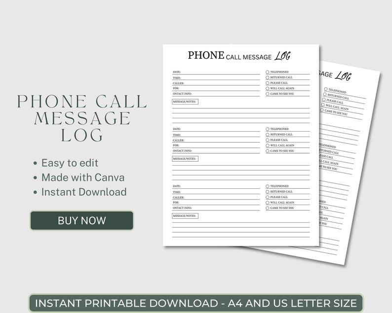 Phone Call Message Log Printable Canva Template A4 US Letter Office ...