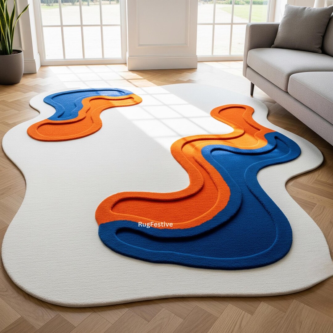 Hand-tufted Abstract Organic Shape Rug | Modern Blue & Orange Blob Rug ...