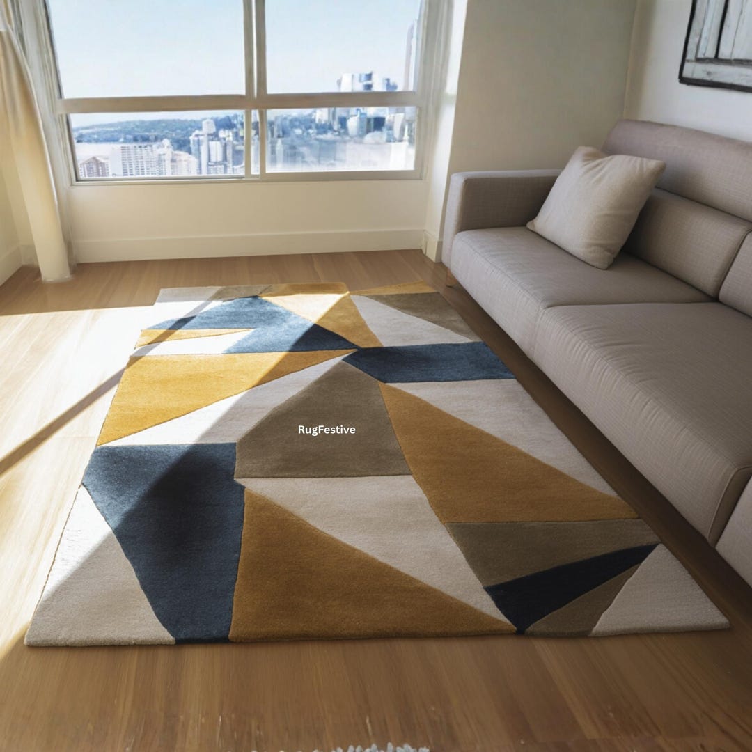 Angular Pattern Patchwork 6x9 Rectangle Wool Rug | Mustard Blue Neutral ...