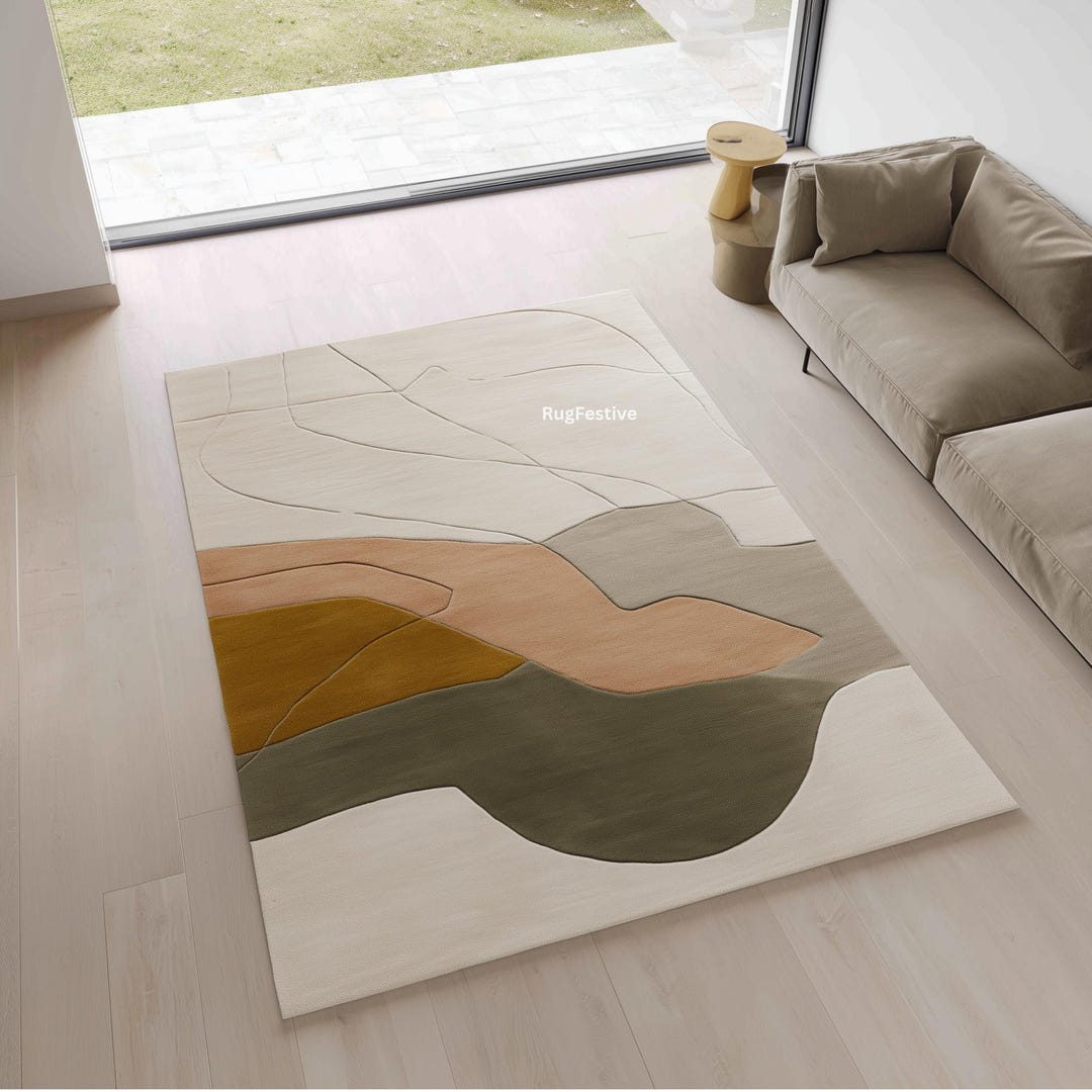 Neutral Beige Tan Olive Sage Green Abstract Rug | Earthy Modern Area ...
