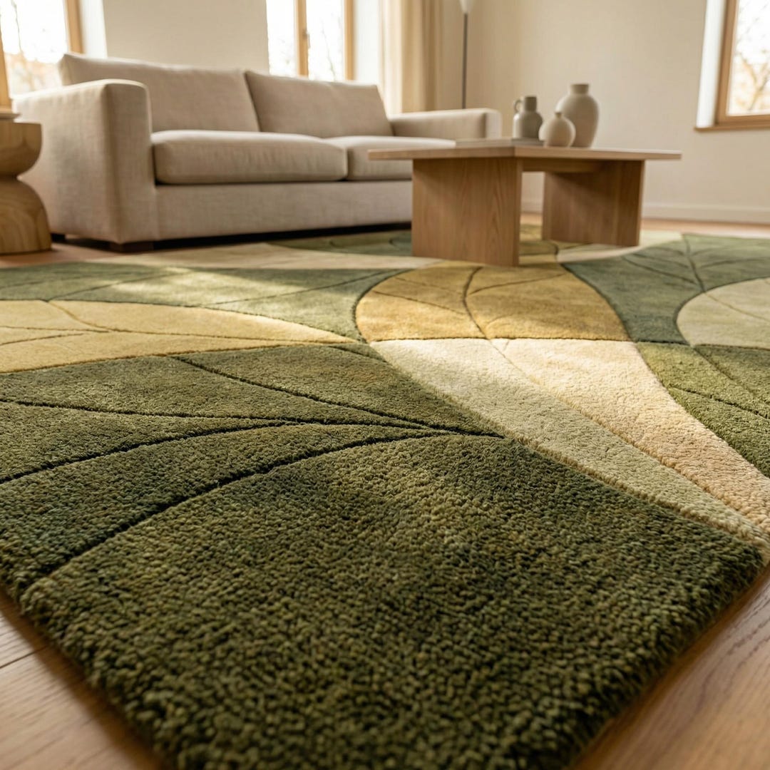Abstract Green Hand-tufted Wool Rug, Modern Area Carpet, Designer ...