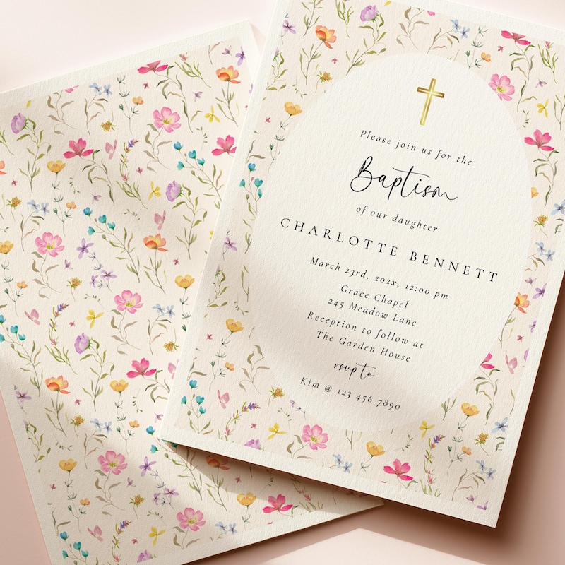 Baptism Invite Pink Flowers - Etsy