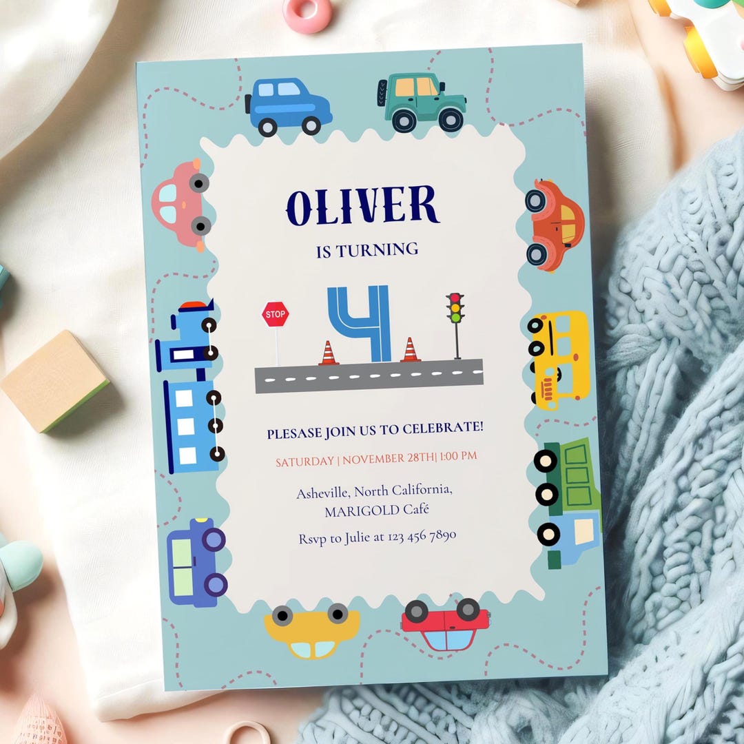 Editable Car Theme Birthday Invitation | Printable Kids Canva Bday Card ...