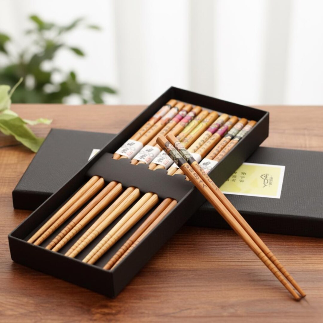 5 Pair Japanese Family Figure Chopsticks Set, Natural Wood Reusable ...