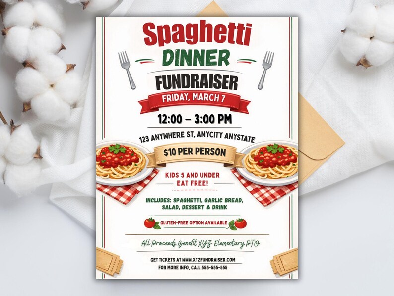 Spaghetti Dinner Fundraiser Flyer | Editable Canva Template - Etsy