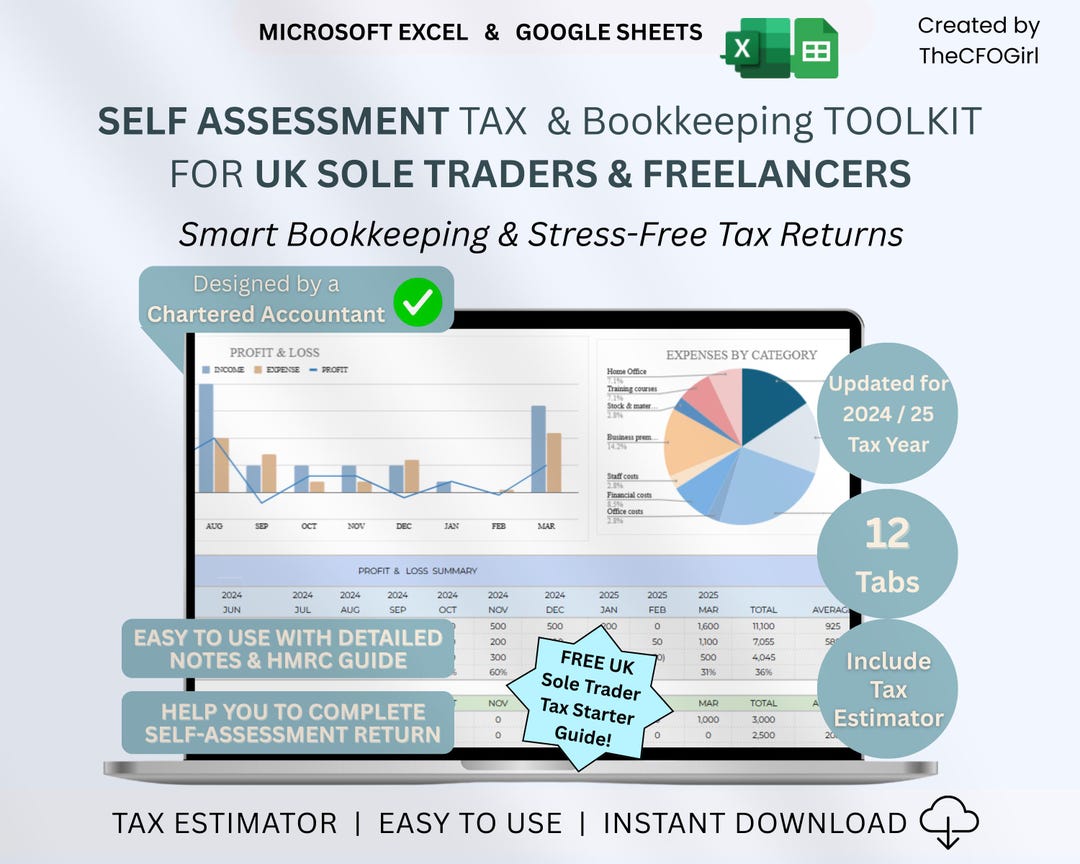 Self Assessment Bookkeeping Spreadsheet UK | Tax Estimator + Income and ...