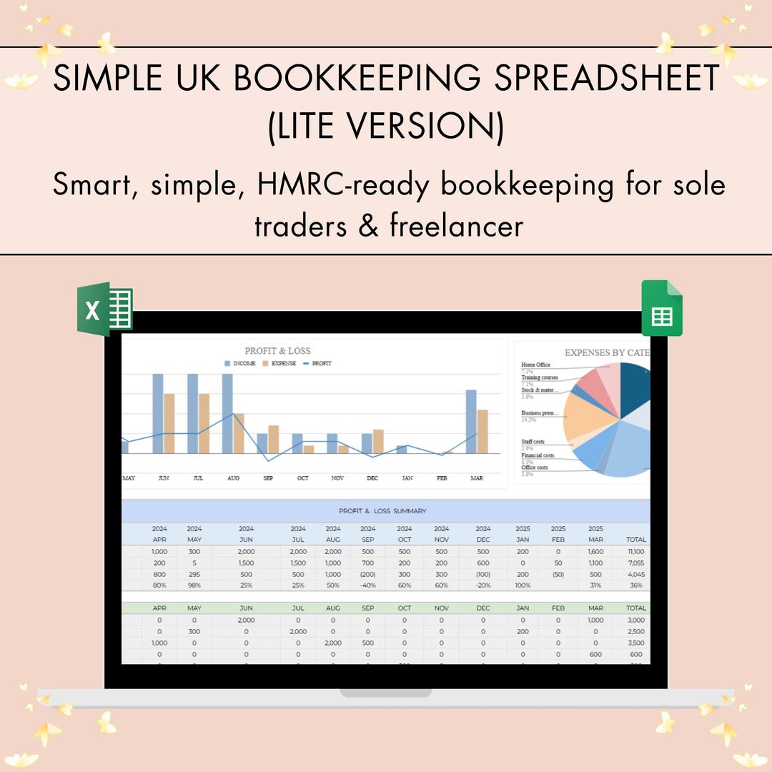 UK Simple Bookkeeping Spreadsheet | Self Employed Income Expense ...