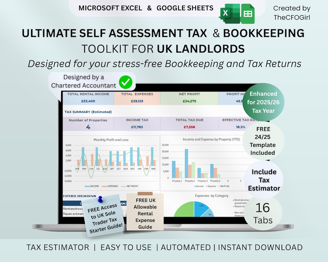 UK Landlord Tax Return 25/26 Excel Google Sheet Rental Property Income ...