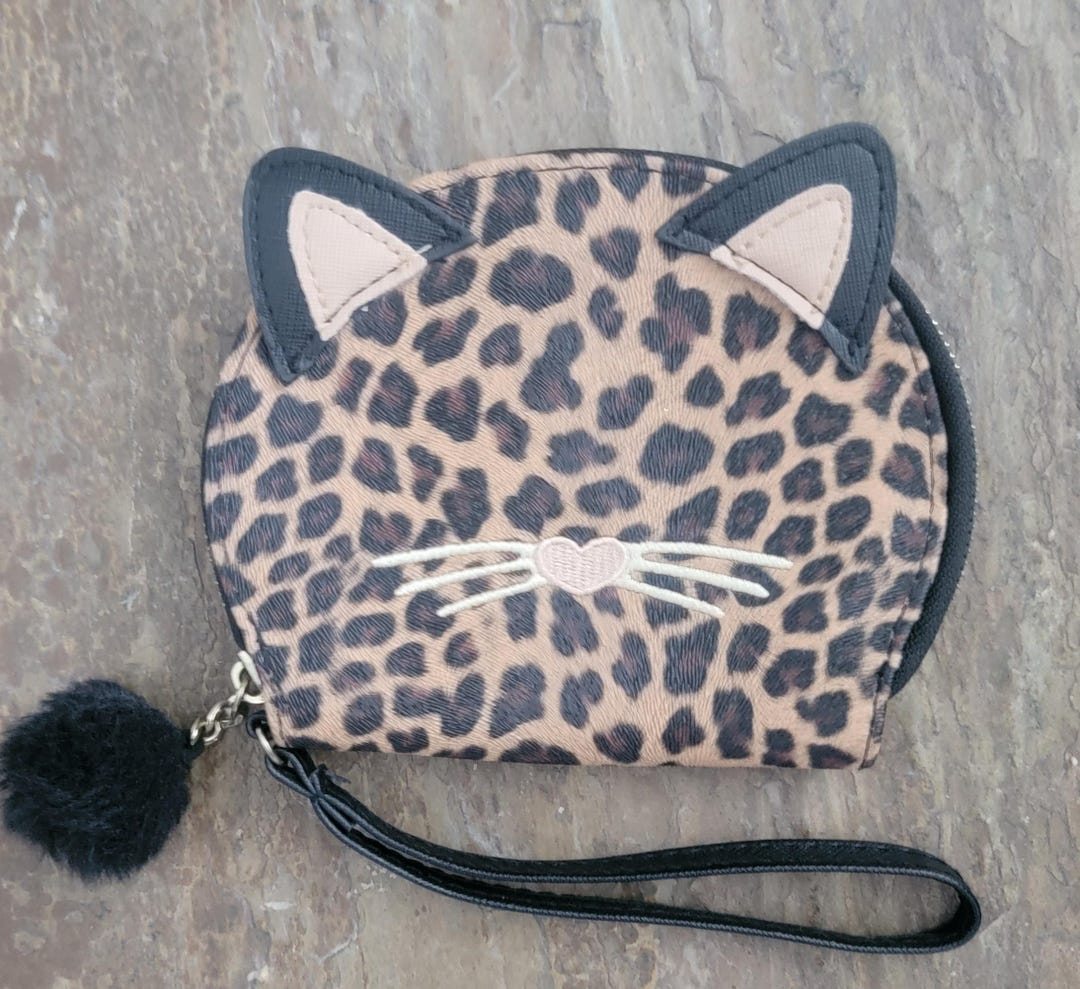 Kitty Cat Coin Purse/ Leopard Print Wristlet/ Zip and Pompom/ Cheeta ...