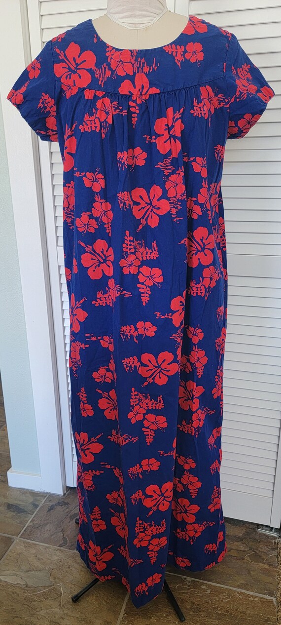 1960s Hawaiian Dress/ Red Hibiscus Long Mumu/ Ui Maik… - Gem