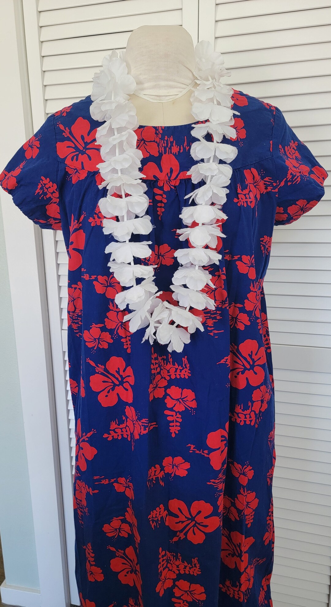 1960s Hawaiian Dress/blue and Red Hibiscus Long Mumu/ Ui Maikai/ Luau ...