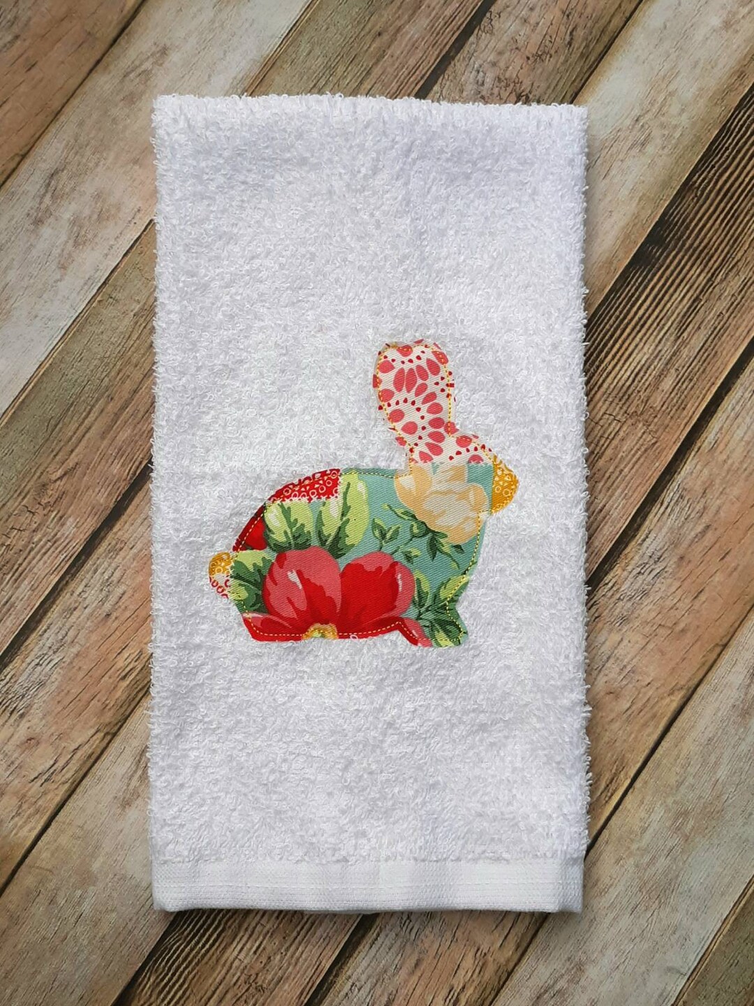 Floral Bunny Kitchen Towel- Made to Match, Farmhouse, Country, Red and ...