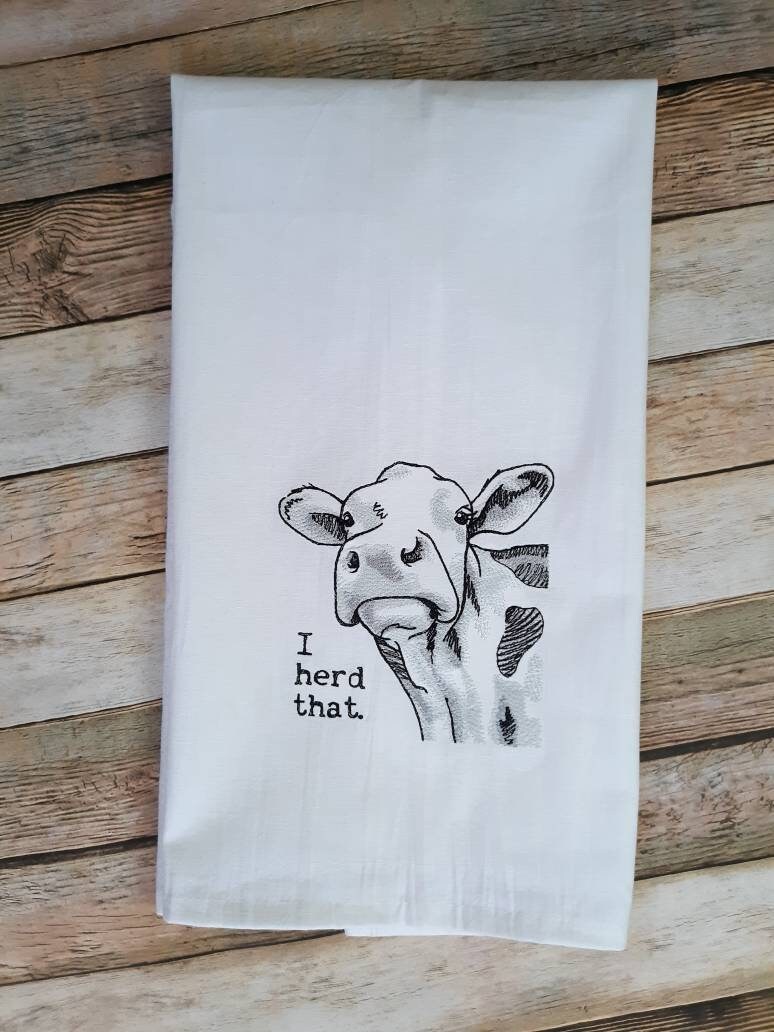 Home & Living Linens Tea Towels Funny Country Cow embroidered kitchen ...